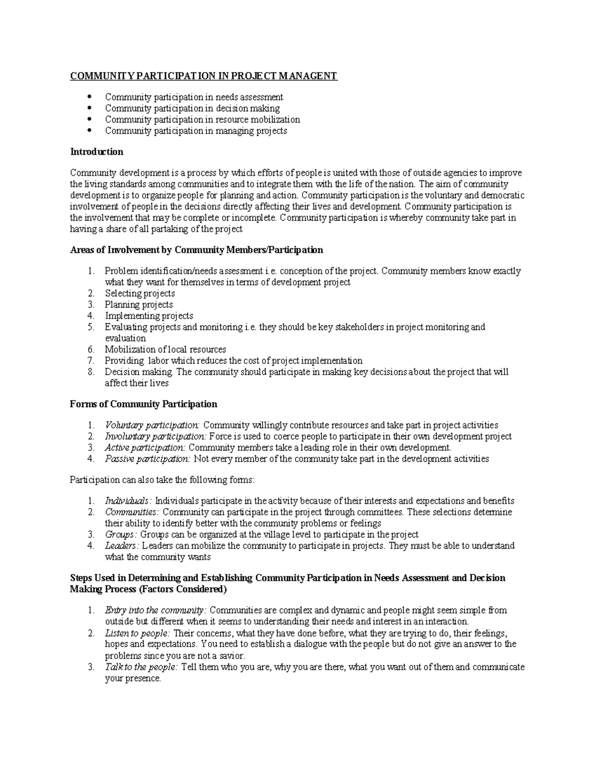Community Participation IN Project Managent - COMMUNITY PARTICIPATION ...