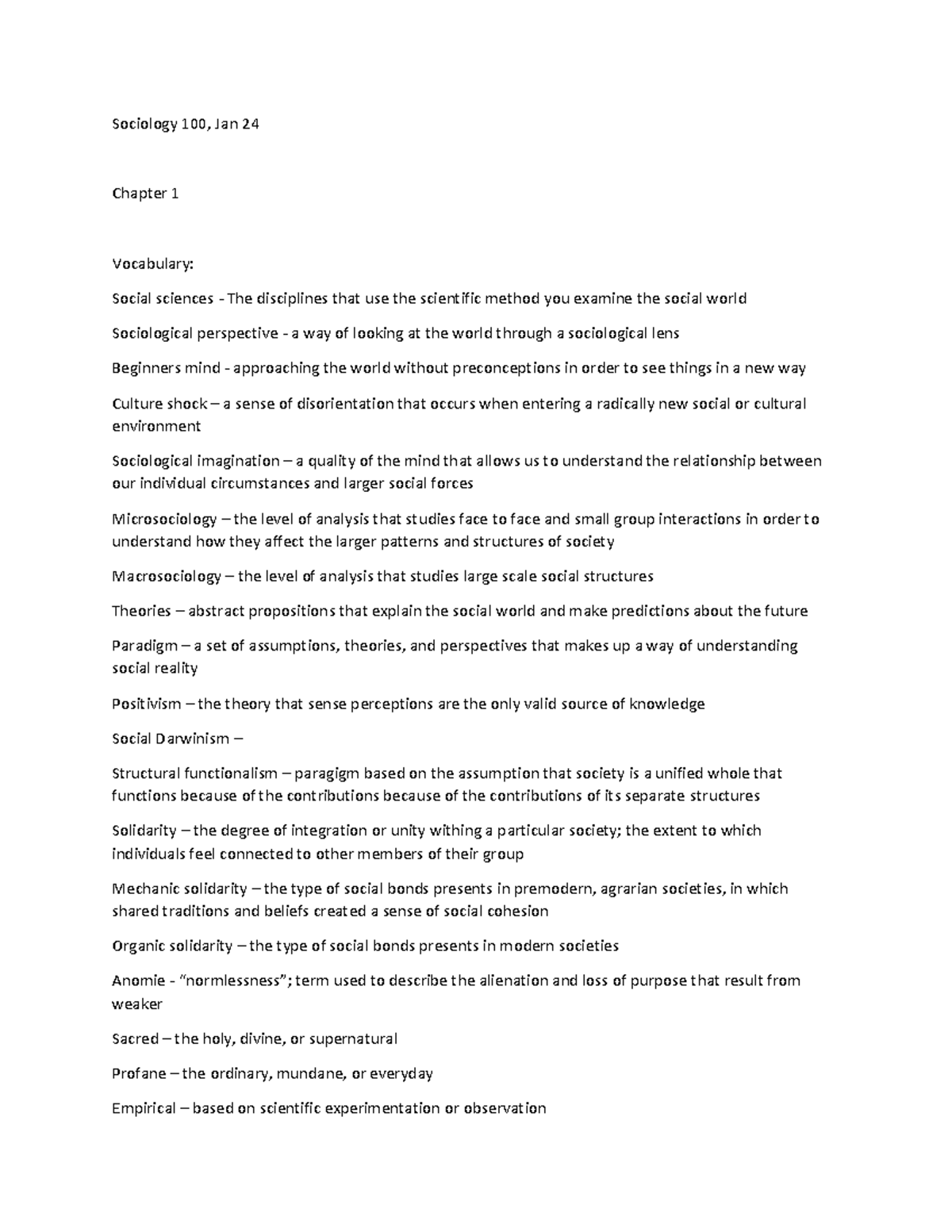 Jan 24 sociology, week 1 - Sociology 100, Jan 24 Chapter 1 Vocabulary ...