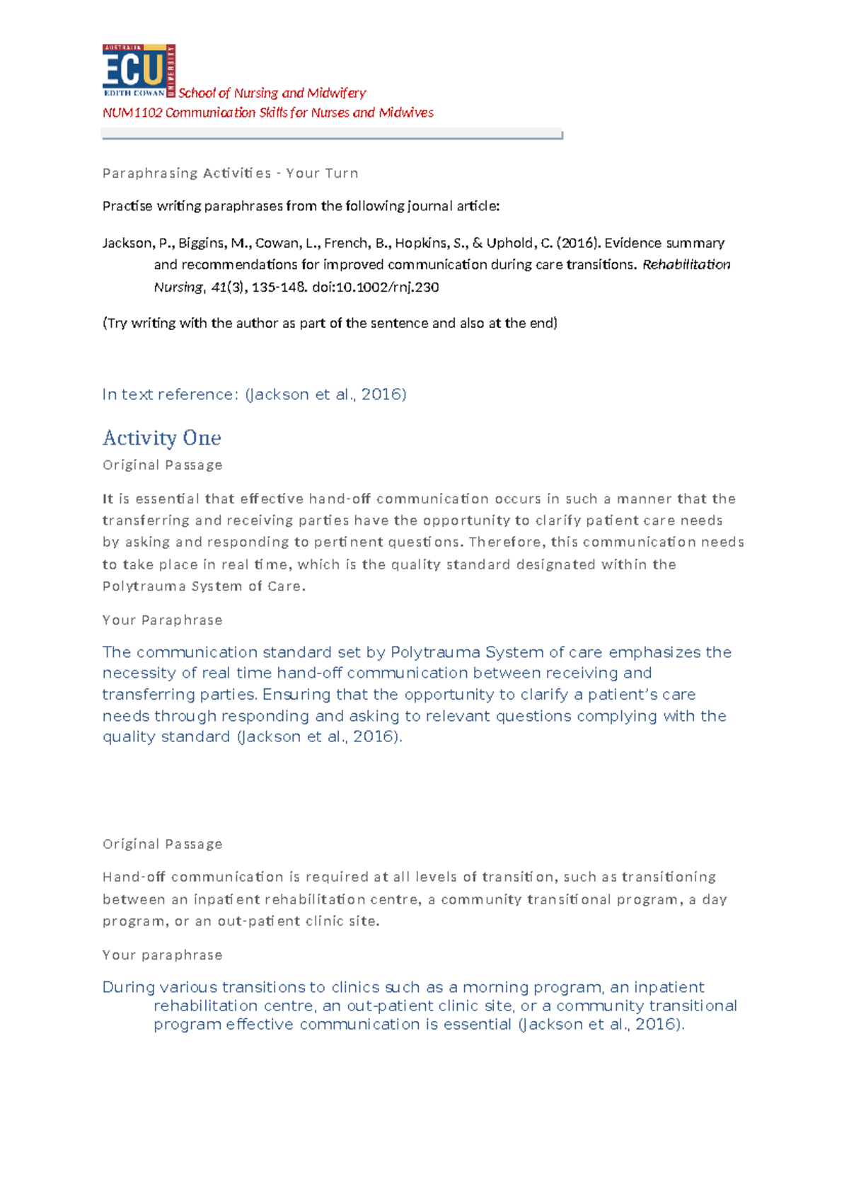 Paraphrasing Activities - Activity 1 and Activity 2 - School of Nursing ...