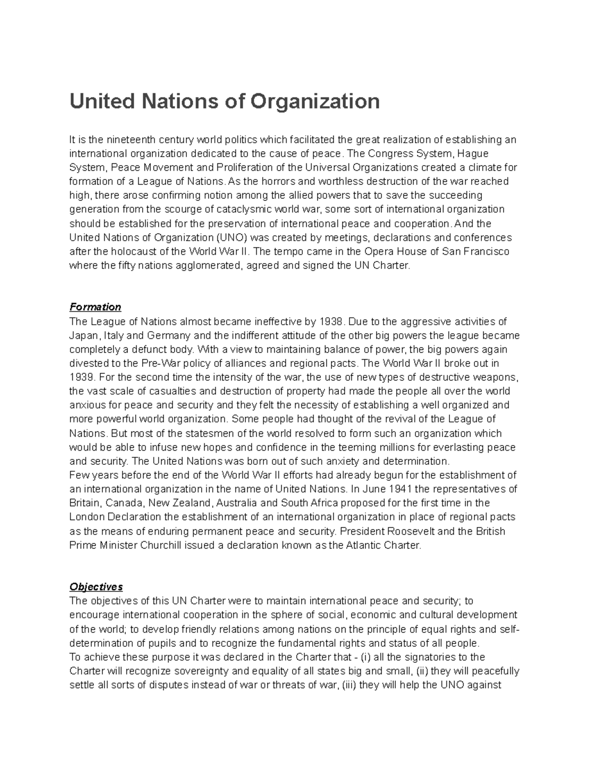 United Nations of Organization formation - United Nations of ...