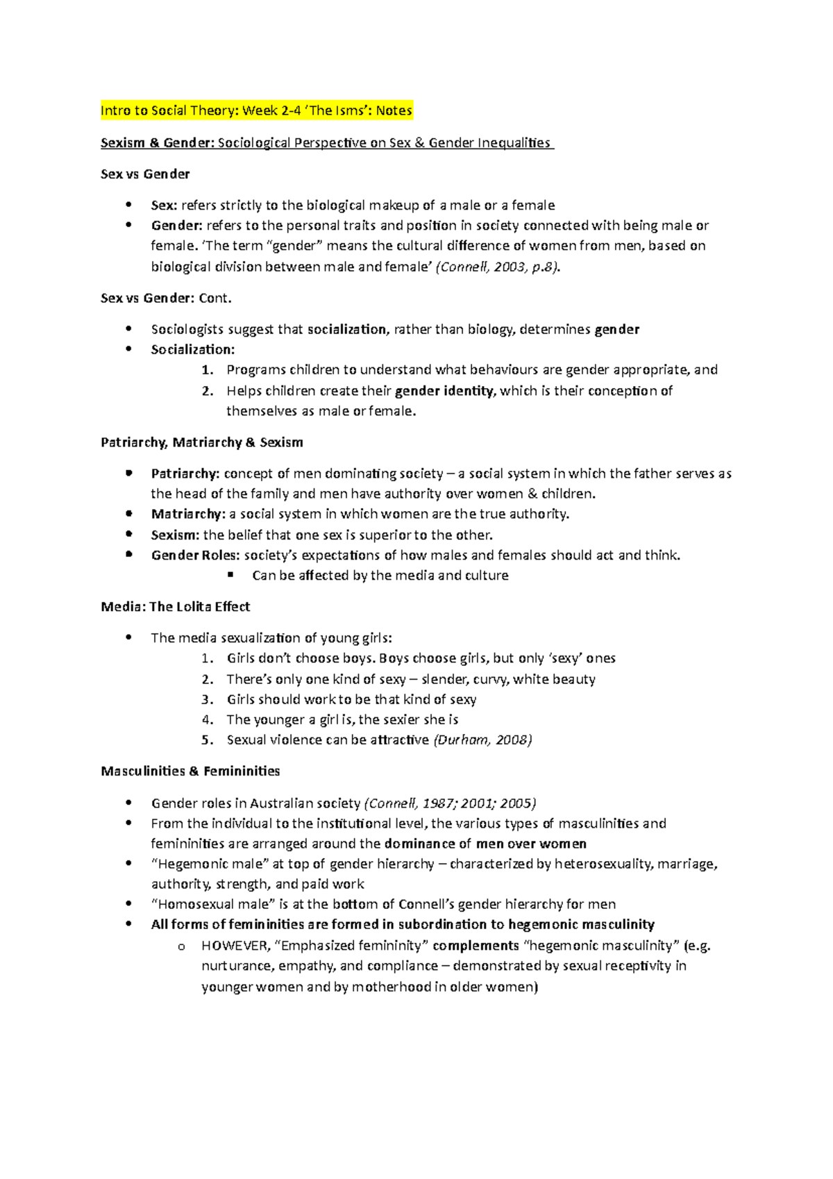 LEC 4 Sexism & Gender - Lecture notes 4 - Intro to Social Theory: Week ...
