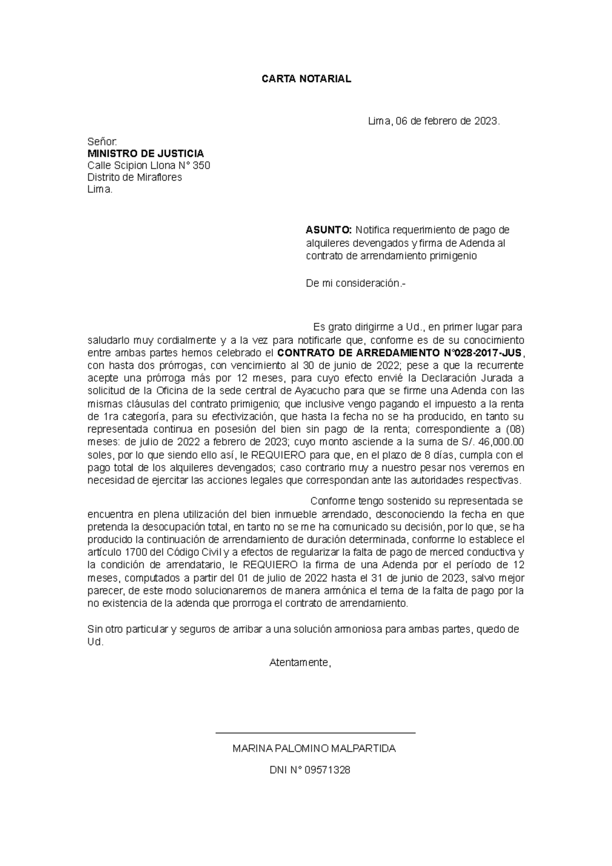 Carta Notaria 1 - zxZAXA - CARTA NOTARIAL Lima, 06 de febrero de 2023 ...