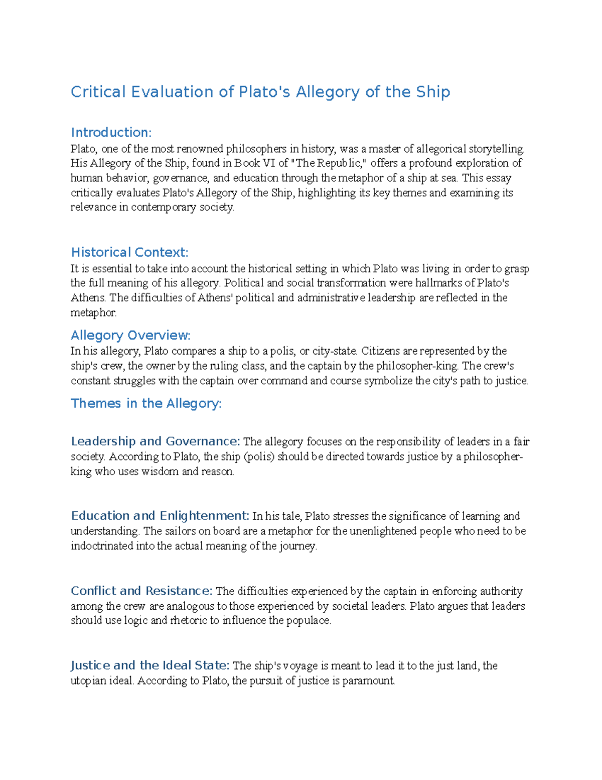 Critical evaluation of Plato's allegory of the ship - Critical ...