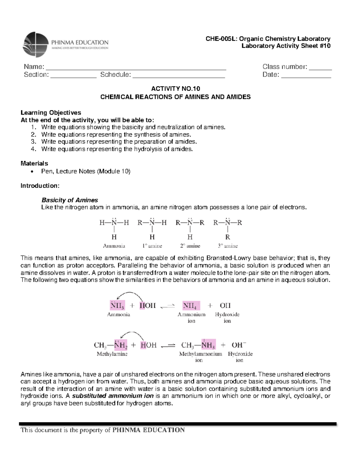 LAS10 CHE 005L - Chemical Reactions of Amines and Amides - Laboratory ...