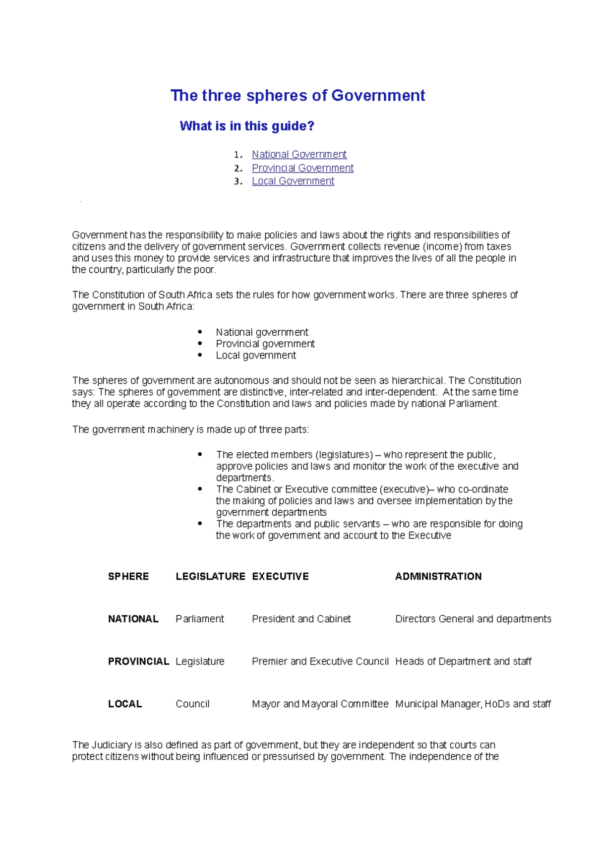The three spheres of Government - National Government 2. Provincial ...