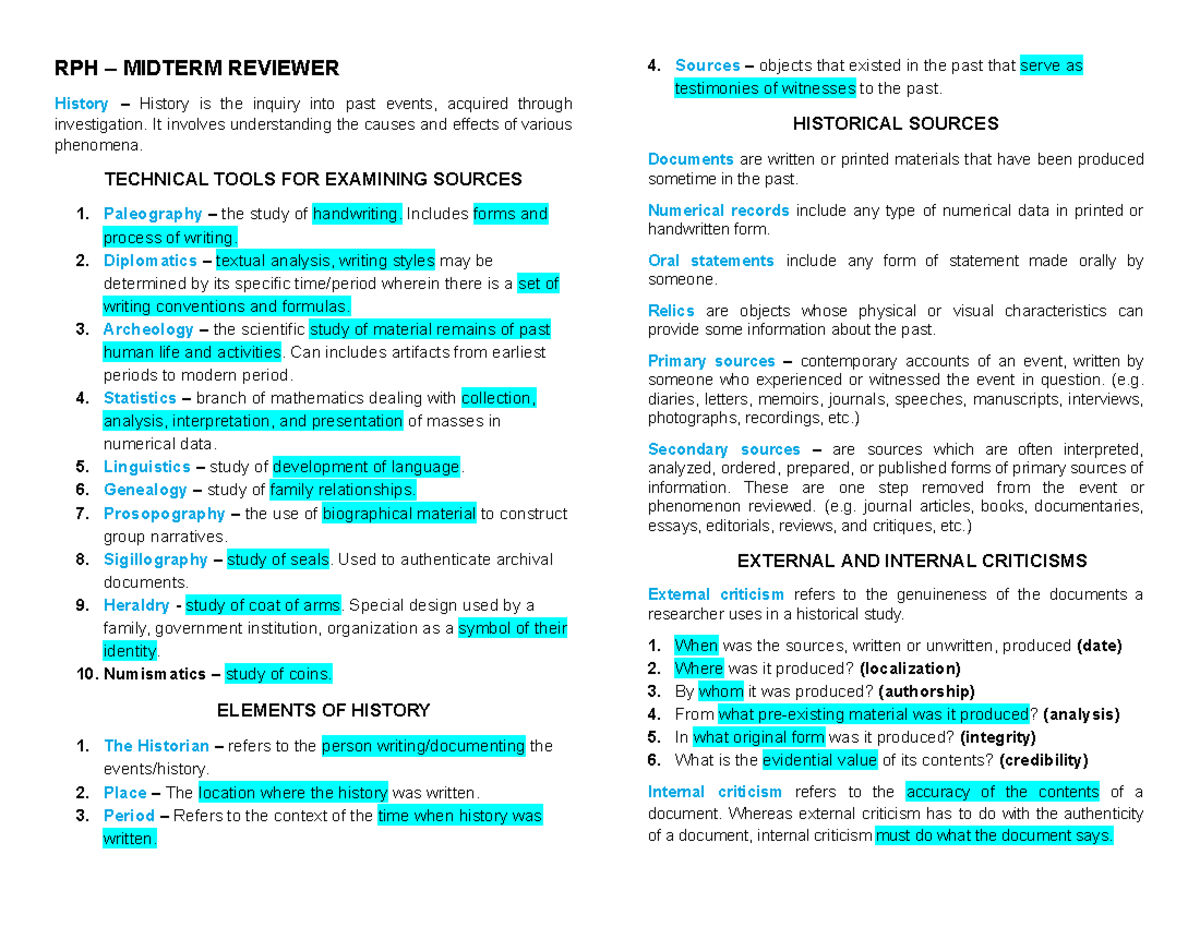 RPH - Midterm reviewer-1 - RPH – MIDTERM REVIEWER History – History is the inquiry into past ...
