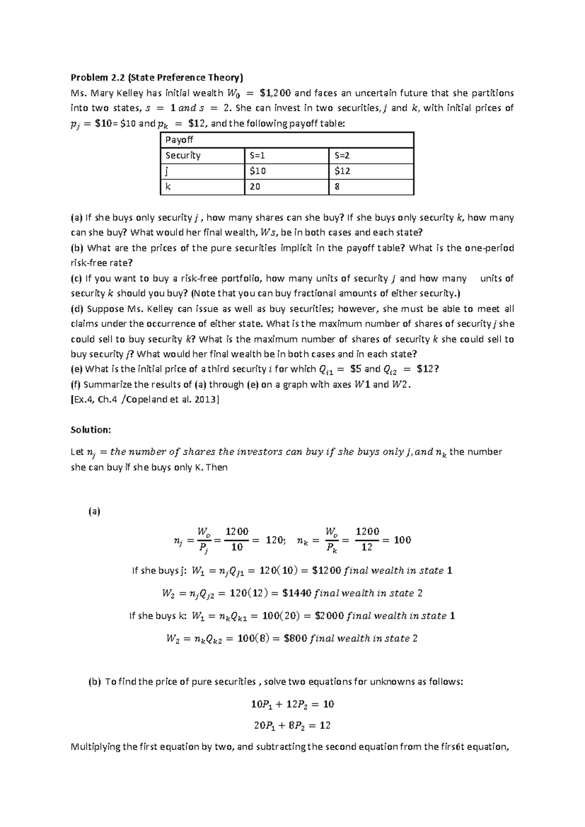 Problem 2.2 (State Preference Theory) - Problem 2 (State Preference ...