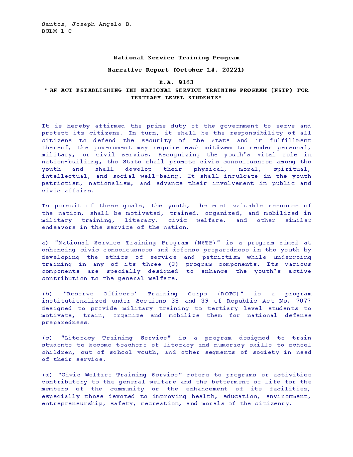 Narrative Report (RA. 9163) - Santos, Joseph Angelo B. BSLM 1-C ...