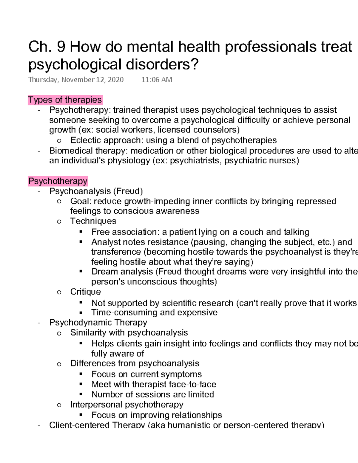 Ch. 9 How do mental health professionals treat psychological disorders ...