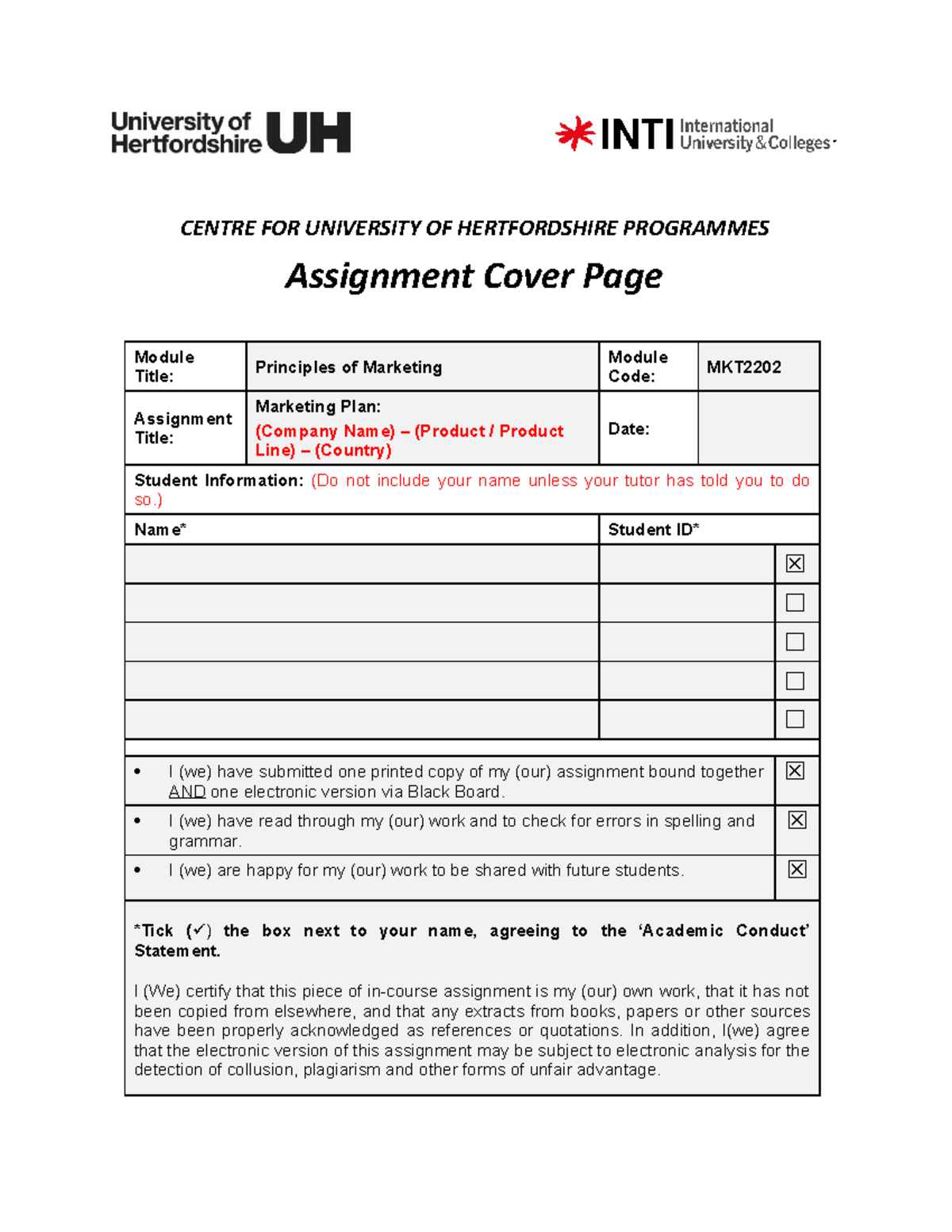 Assignment Cover Page MKT2202 - CENTRE FOR UNIVERSITY OF HERTFORDSHIRE ...