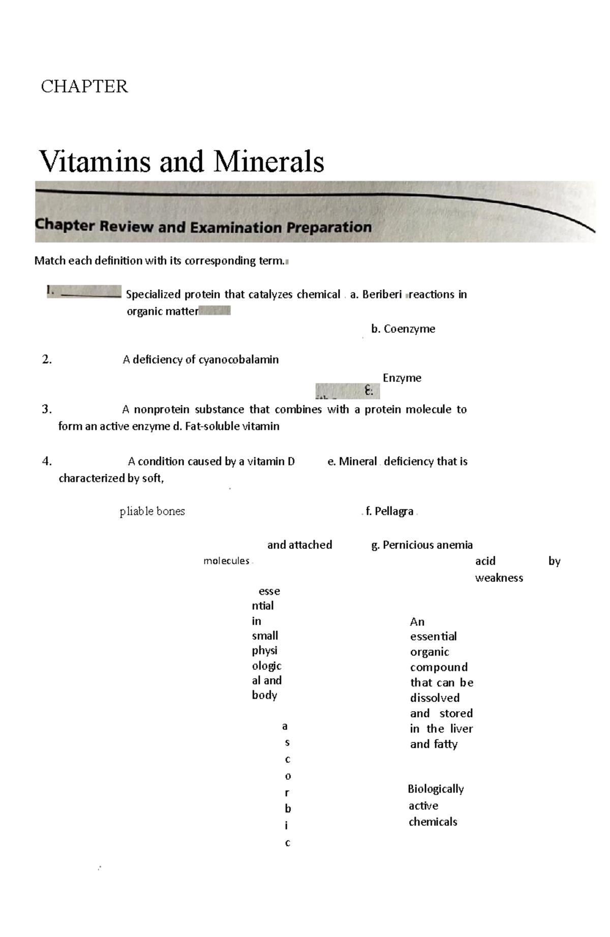 Chap 9 vitamins and minerals - CHAPTER Vitamins and Minerals Match each ...