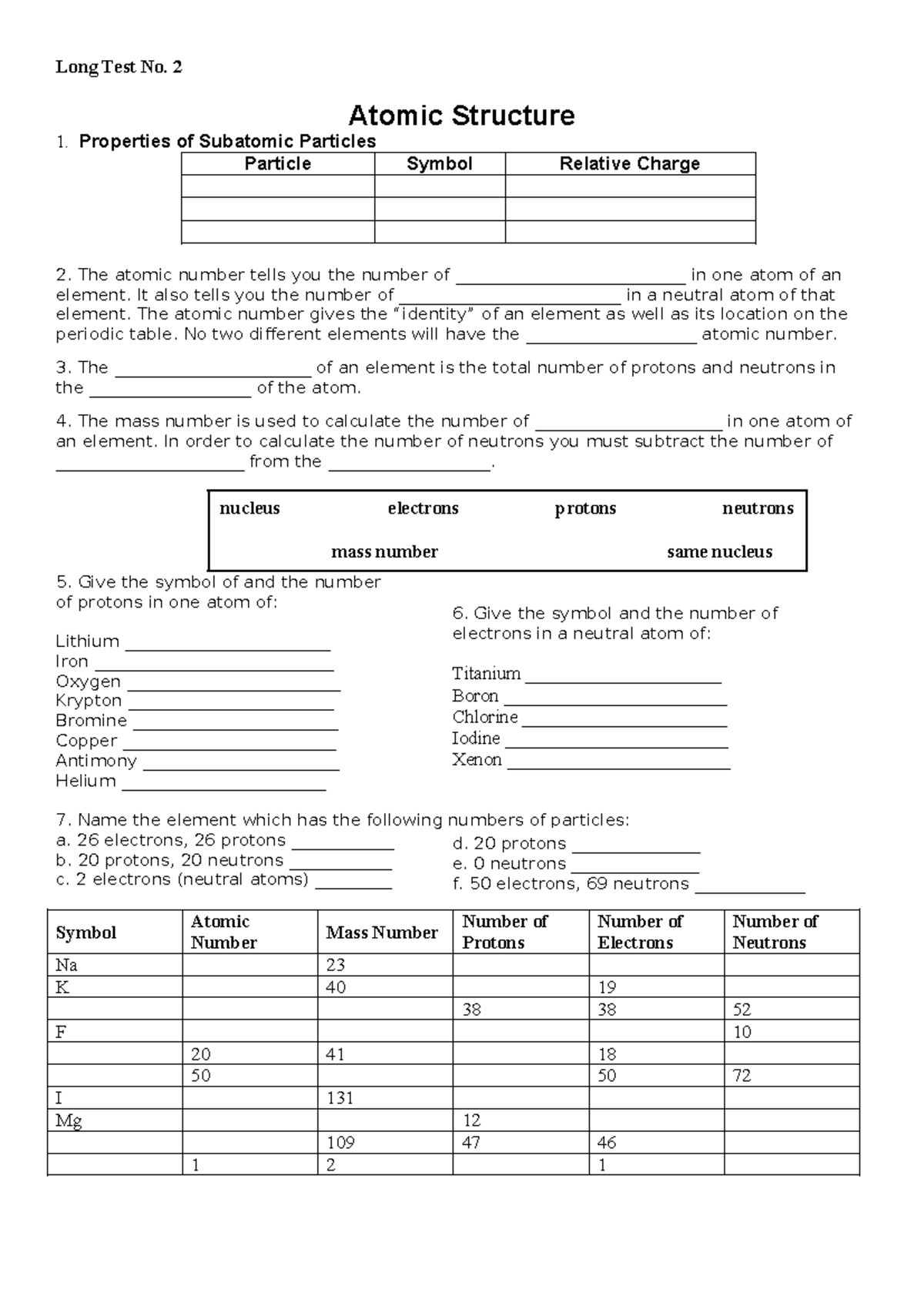 Long test atomic structure - Long Test No. 2 Atomic Structure 1 ...