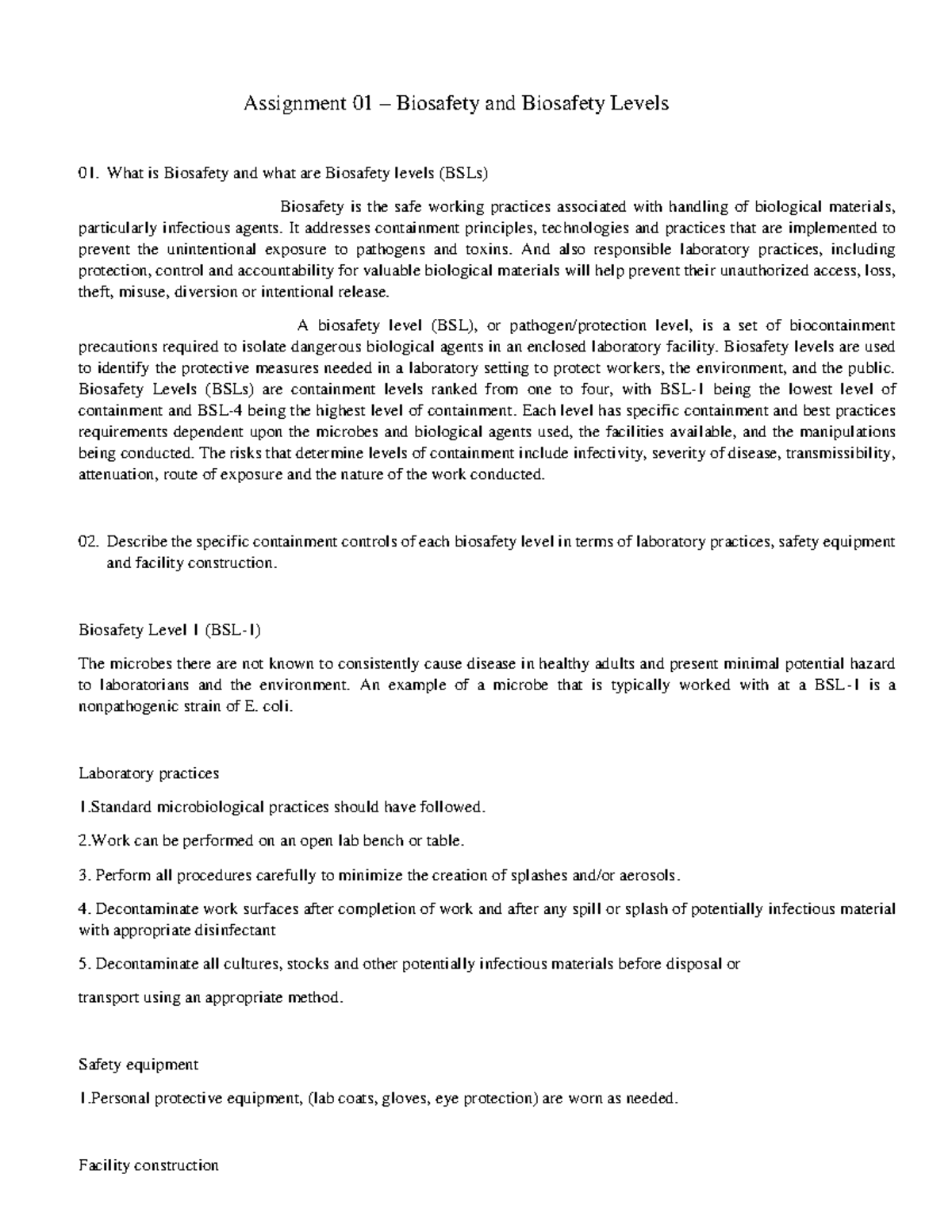 Lab safety Assignment Bio safety levels - Assignment 01 – Biosafety and ...