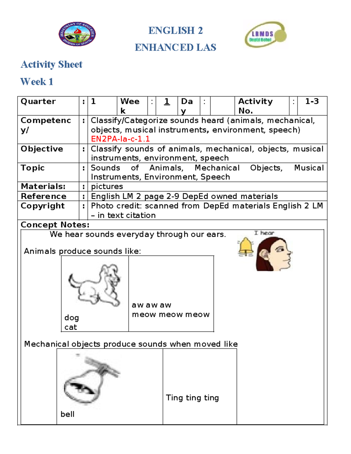 Enhanced English 2 Q1 LAS Wk1 - ENGLISH 2 ENHANCED LAS Activity Sheet ...