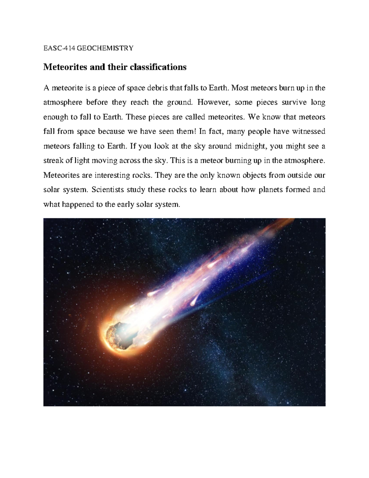 Meteorites and their classifications - EASC-414 GEOCHEMISTRY Meteorites ...