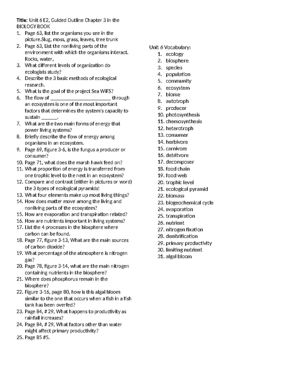 Copy of go ch 3 bio book single - Title: Unit 6 E2, Guided Outline Chapter 3 in the BIOLOGY BOOK ...