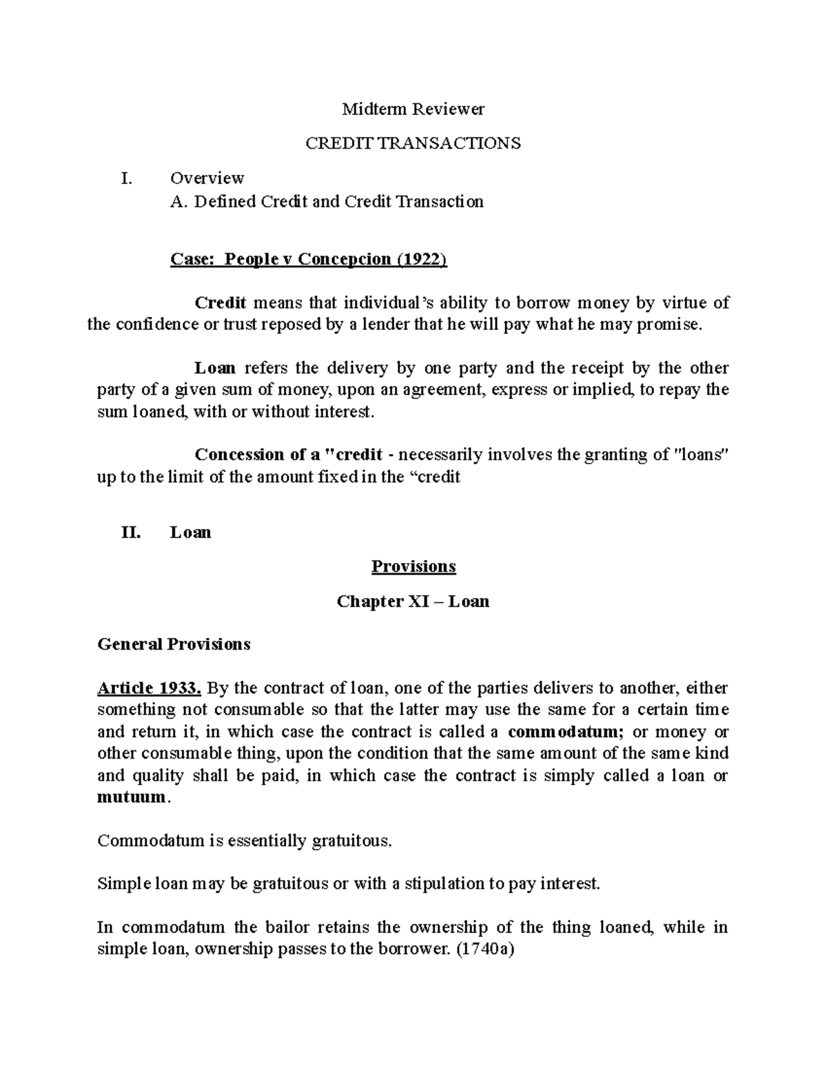 Reviewer - Notes - Midterm Reviewer CREDIT TRANSACTIONS I. Overview A ...