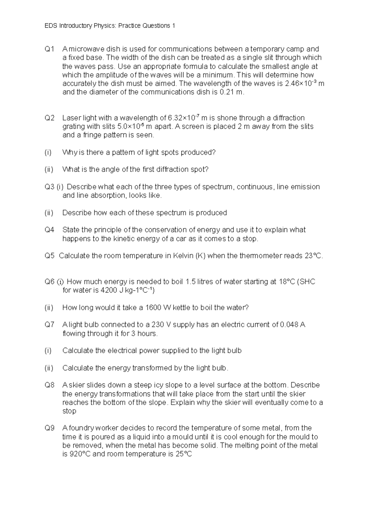 Revision - Introductory Physics Practice Questions 1 Only - EDS ...