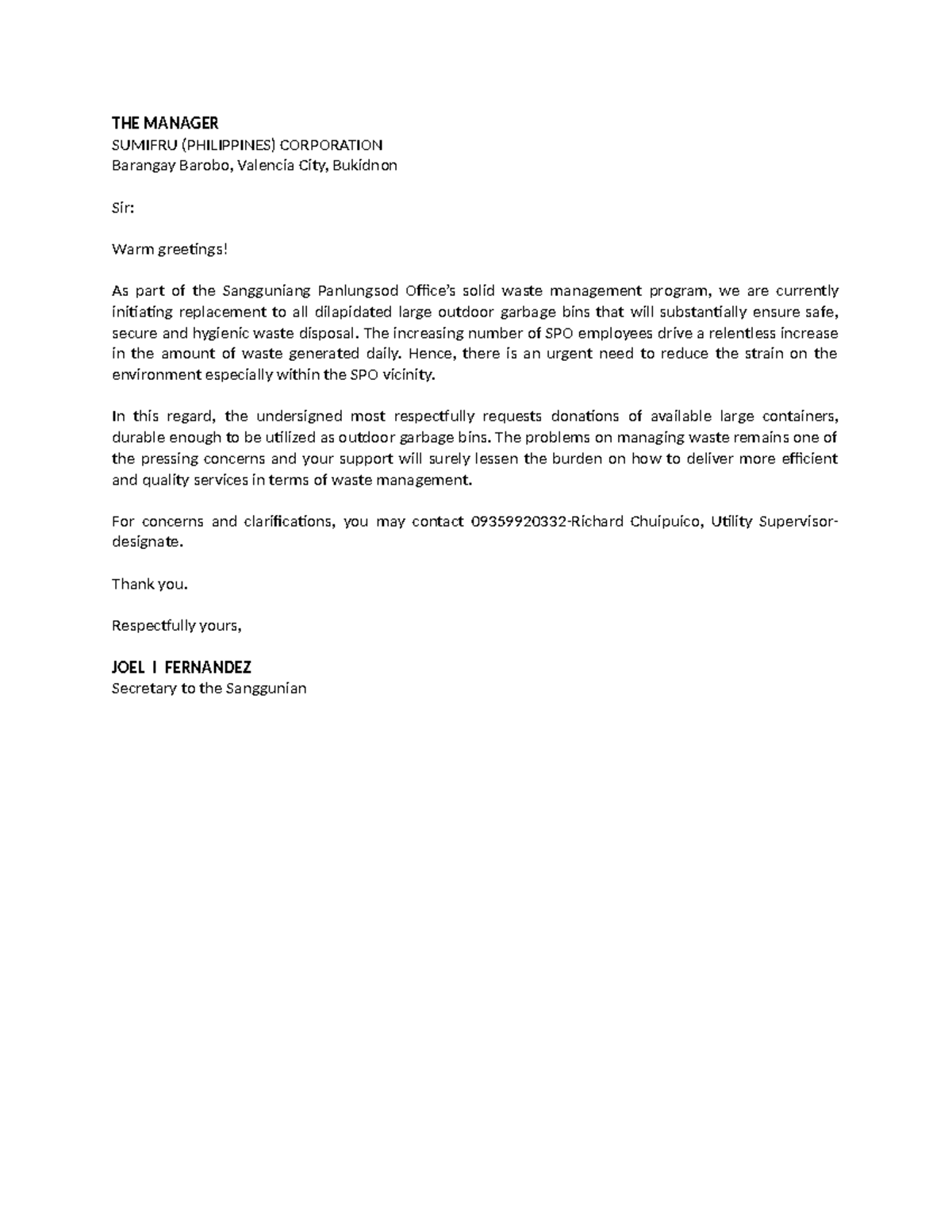 Garbage bin request - THE MANAGER SUMIFRU (PHILIPPINES) CORPORATION ...