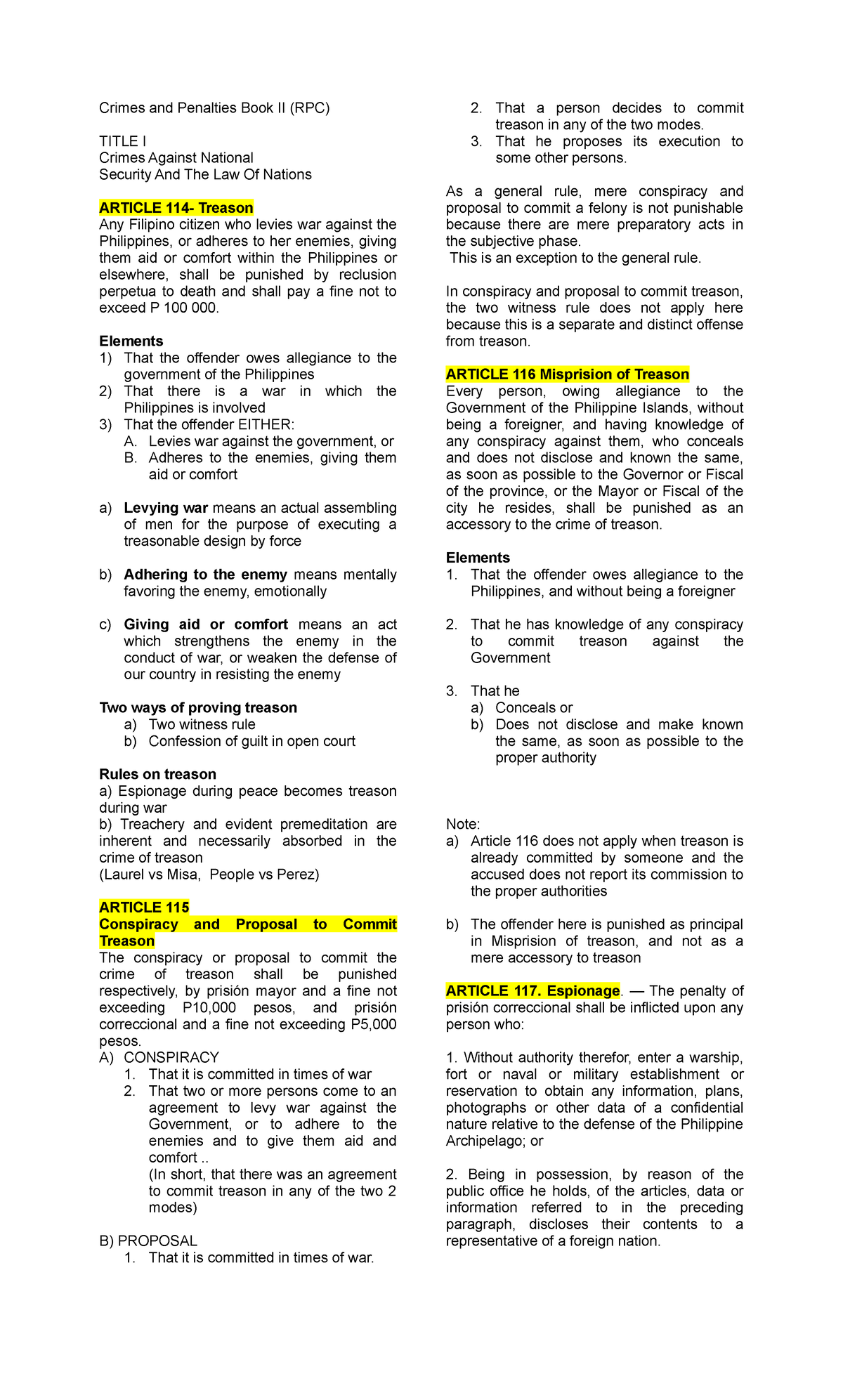 Crim Law Lecture - law - Crimes and Penalties Book II (RPC) TITLE I ...