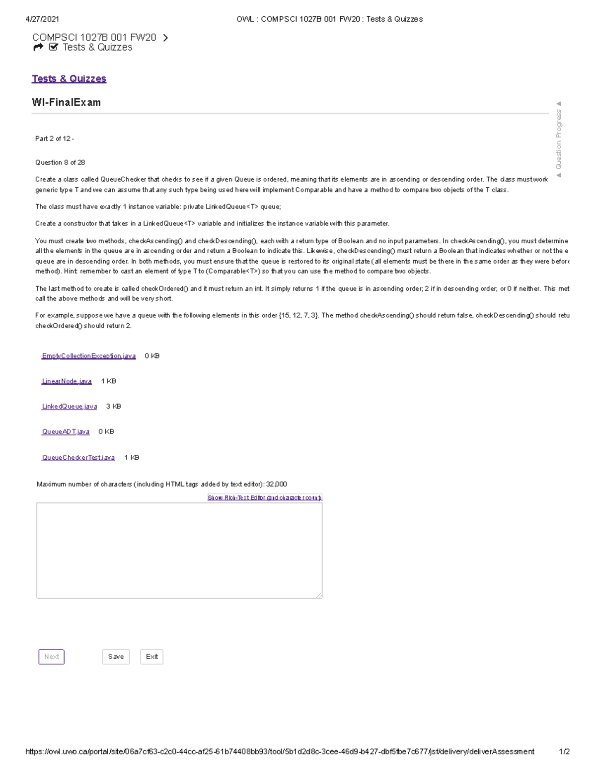 2021 Final Exam Question - 4/27/2021 OWL : COMPSCI 1027B 001 FW20 ...