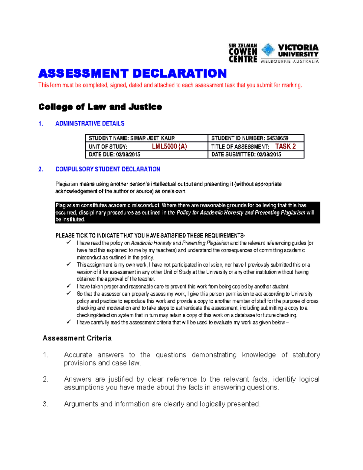 LML5000 Task 2 Simar Jeet Kaur (S4538659) - ASSESSMENT DECLARATION This ...
