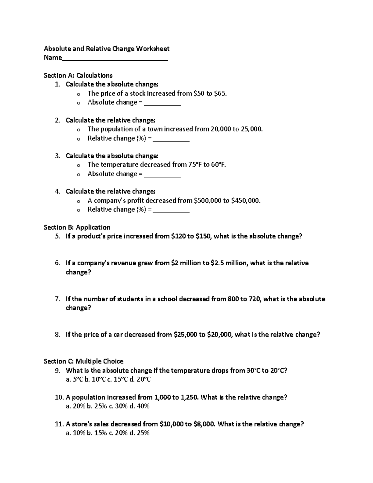*Key*Absolute and Relative Change Worksheet - Absolute and Relative ...
