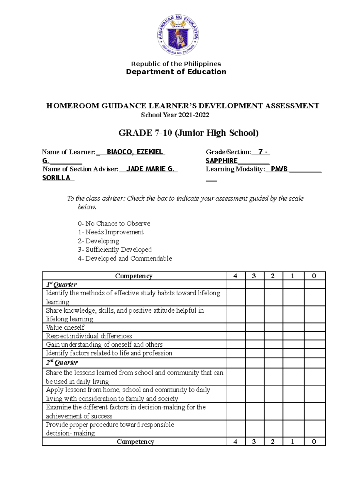 Homeroom Guidance Learners Development Assessment Junior h IGH School ...
