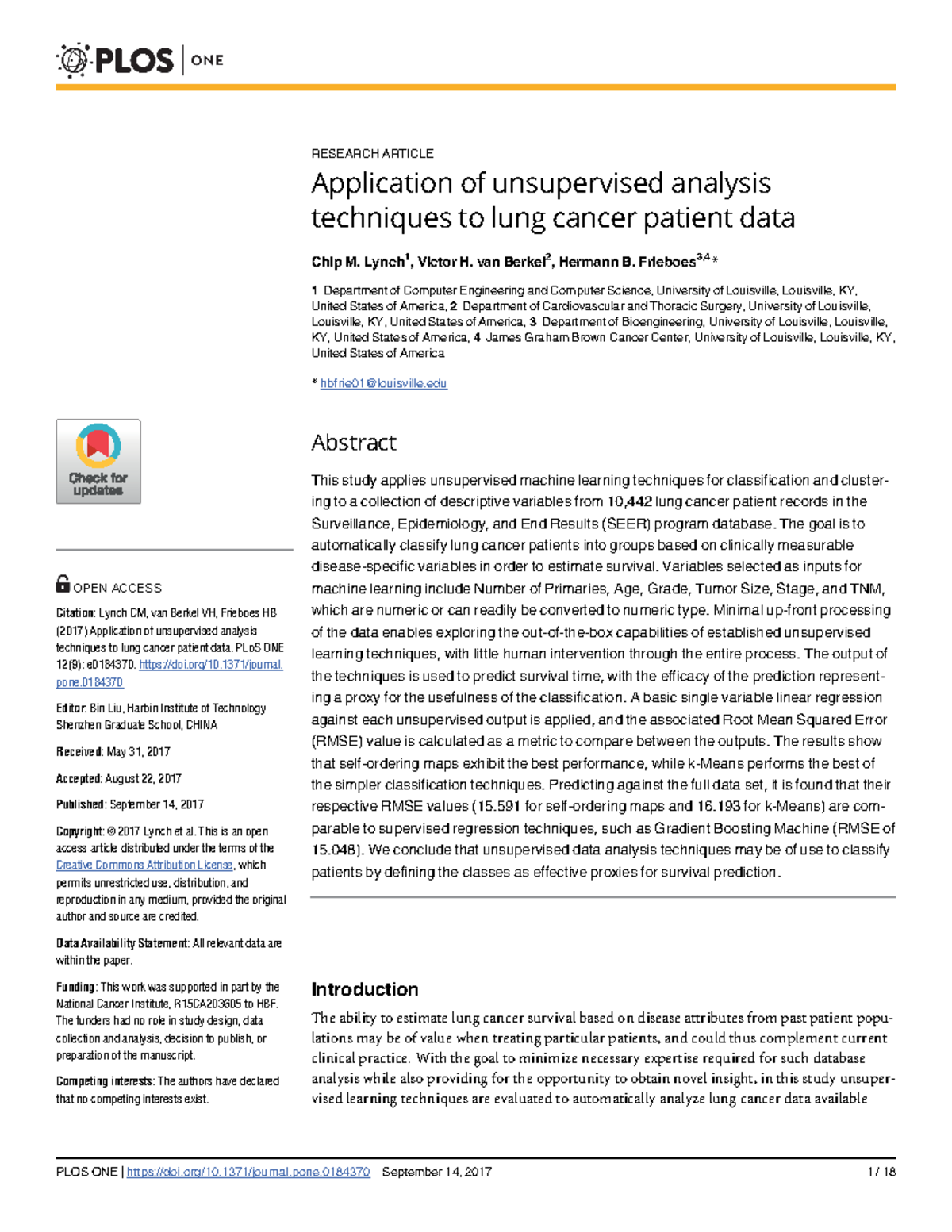 Application of unsupervised analysis techniques to lung cancer patient ...