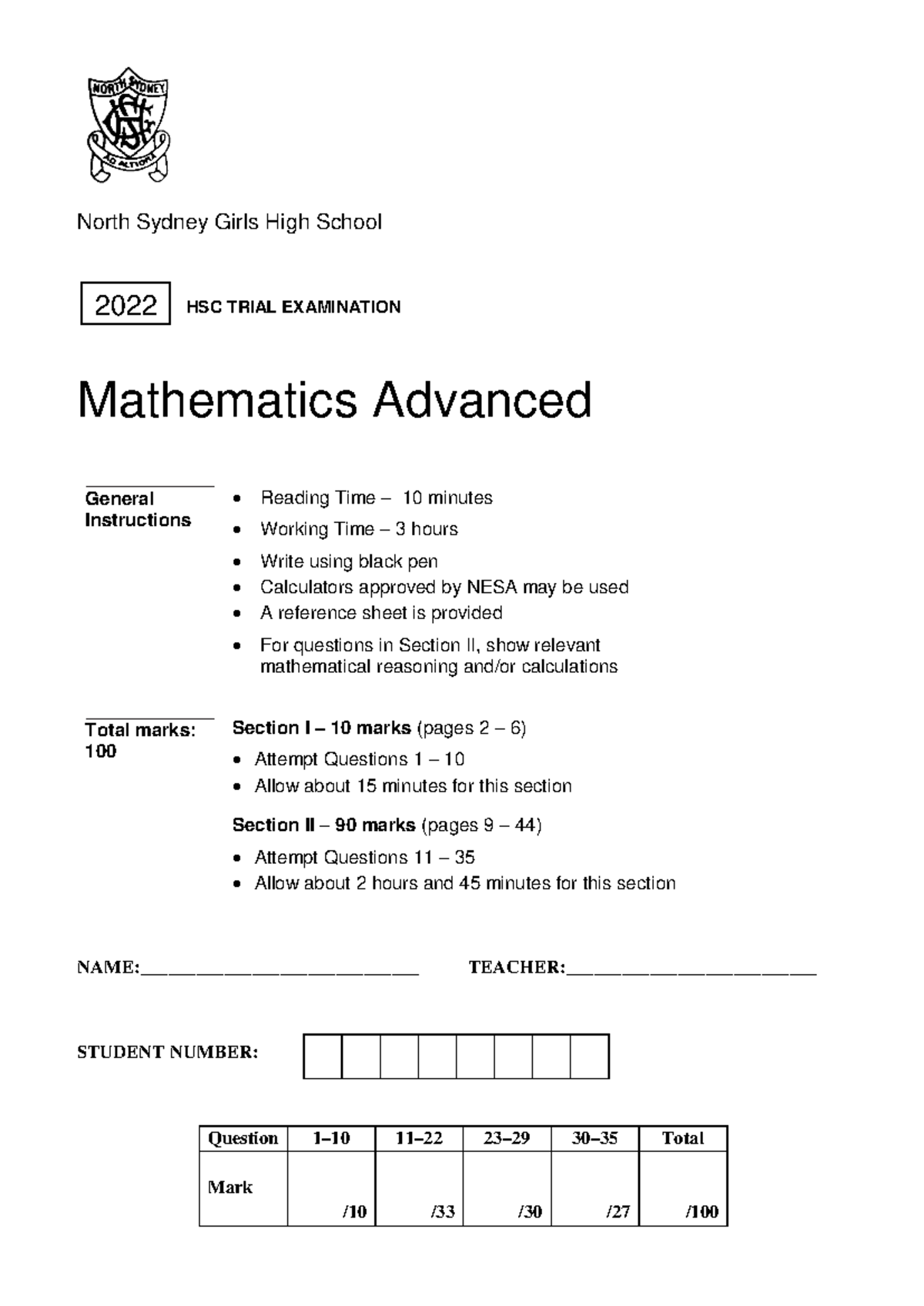 North Sydney Girls 2022 HSC Trial Mathematics Advanced - North Sydney ...