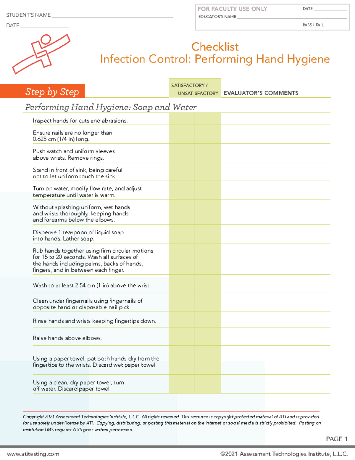 Skills Checklist Infection Control Hand Hygiene - atitesting ©2021 ...