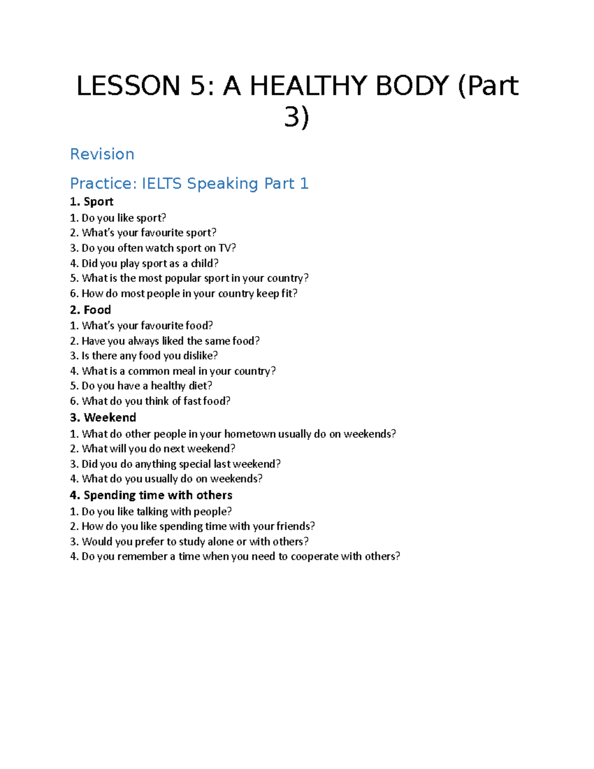 Student Speaking Handout lesson 5 - LESSON 5: A HEALTHY BODY (Part 3 ...
