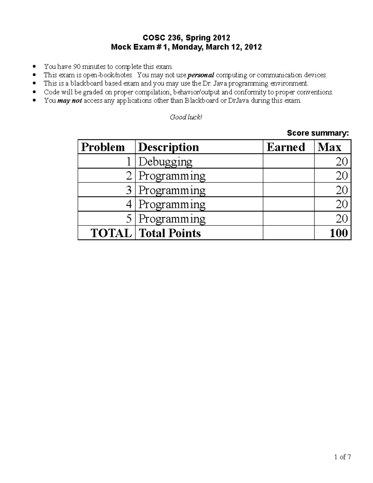 Mock Exam 1 - mock exam - COSC 236, Spring 2012 Mock Exam # 1, Monday ...
