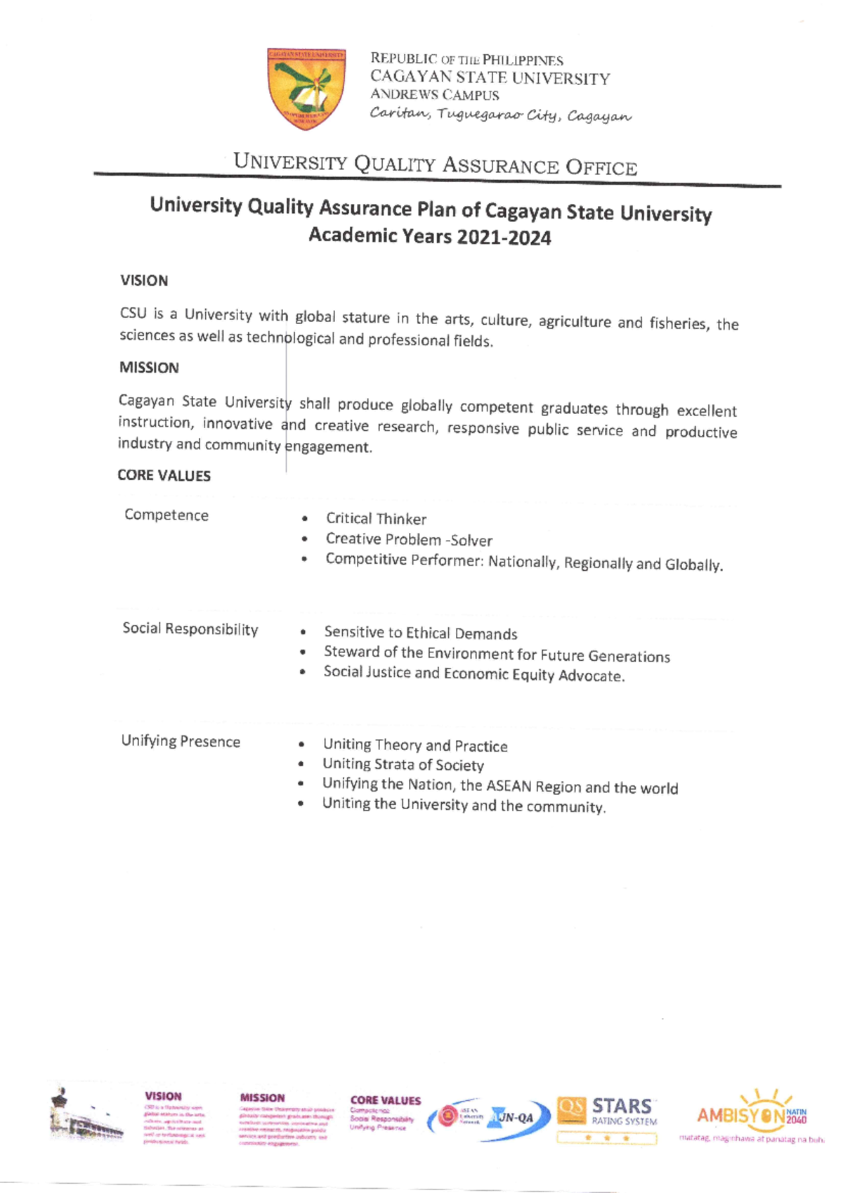 University Quality Assurance PLAN AY 2021 2024 - Purposive ...