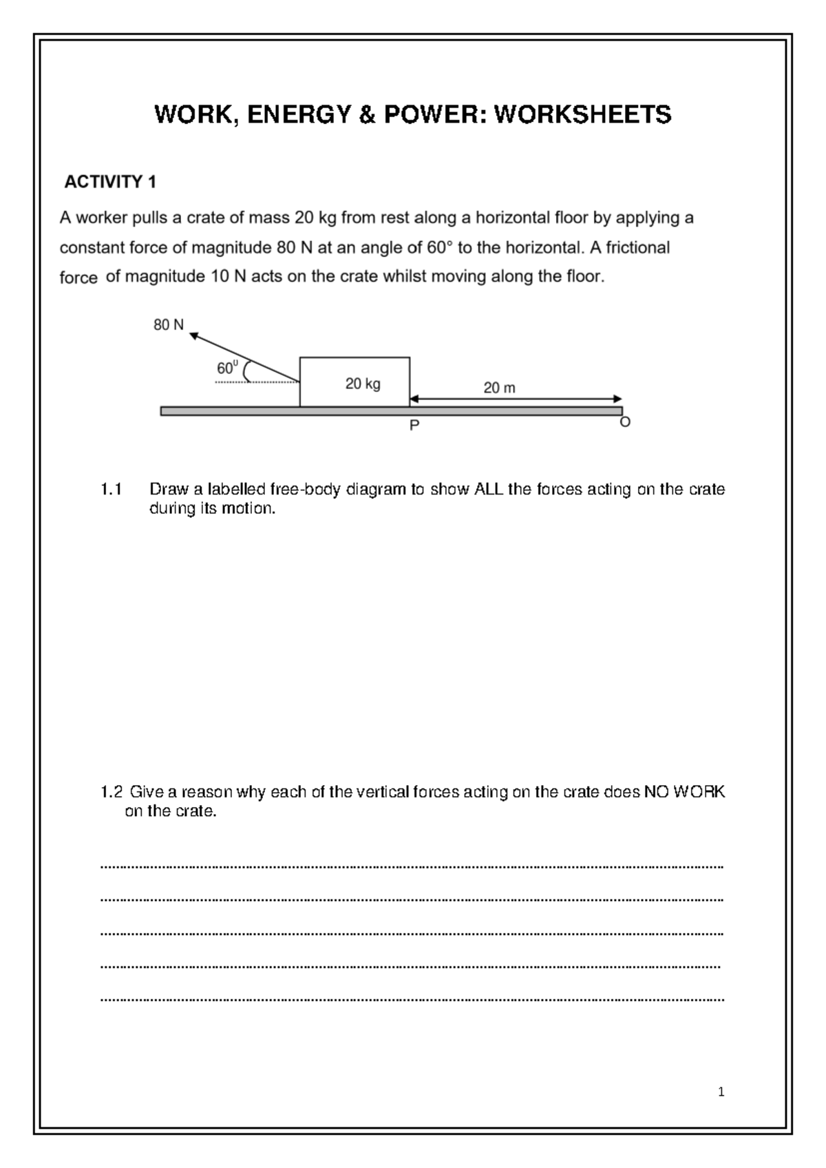 Physical Sciences Grade 12 Worksheets Work Energy Power - Learner ...