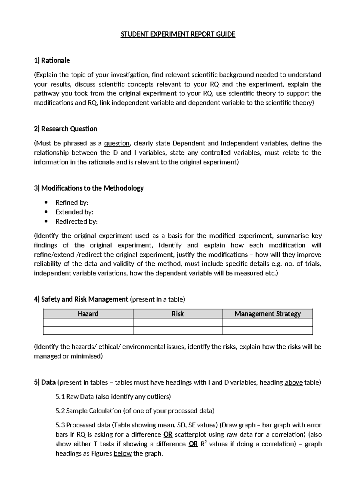 Studentexperimentreportguide - STUDENT EXPERIMENT REPORT GUIDE Rationale (Explain the topic of ...