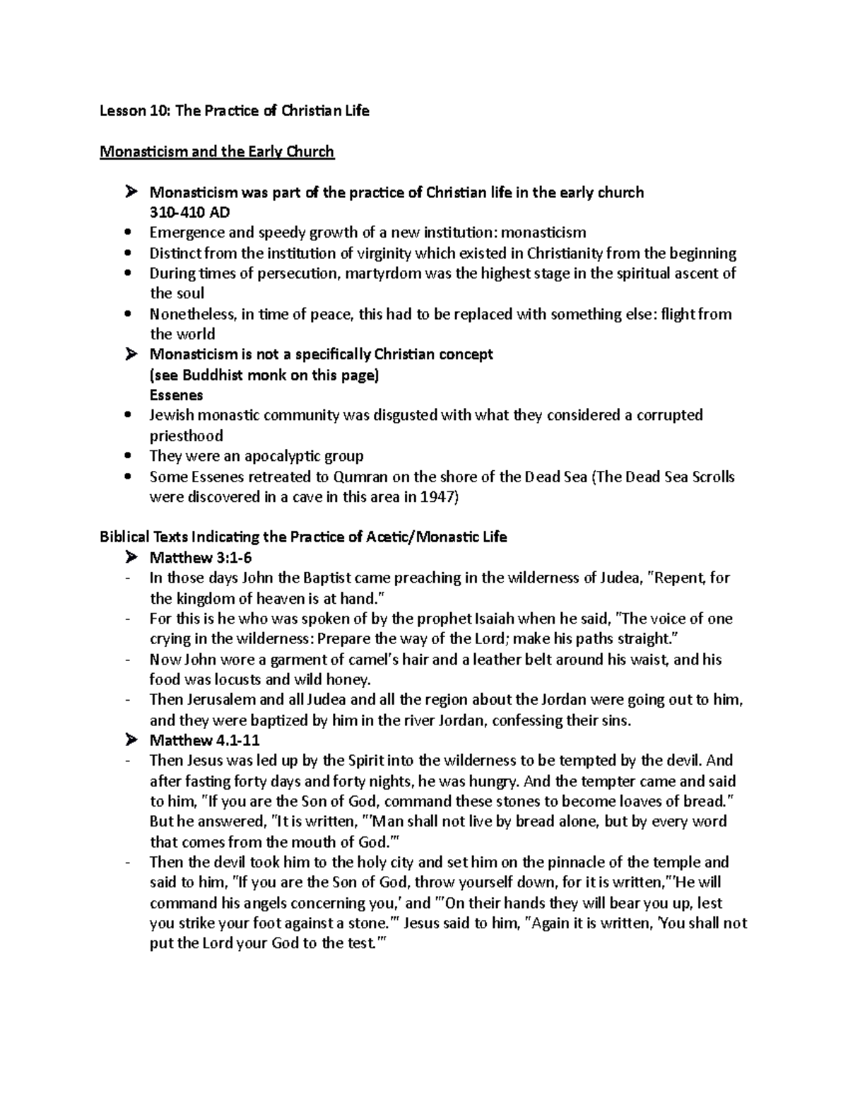 Lesson 10 Notes - Lesson 10: The Practice of Christian Life Monasticism ...