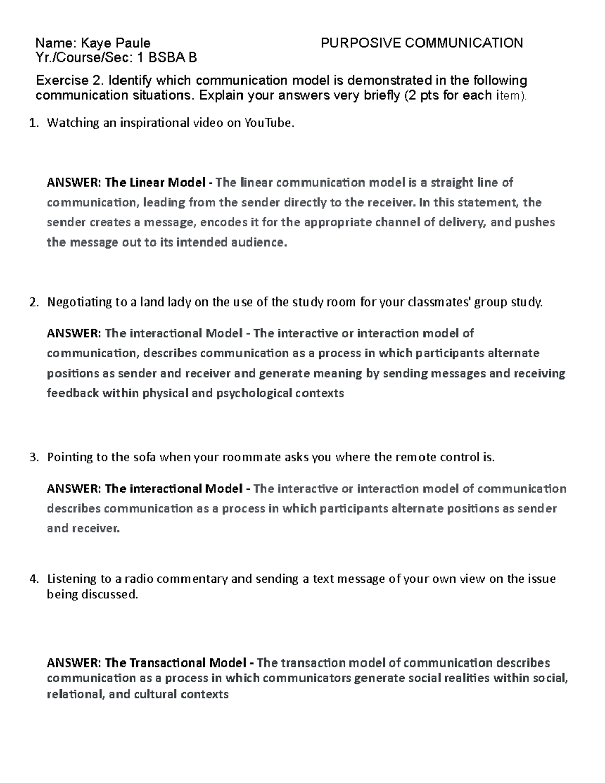 Purcom Exercise 2 - Purposive Communication - Name: Kaye Paule PURPOSIVE COMMUNICATION - Studocu