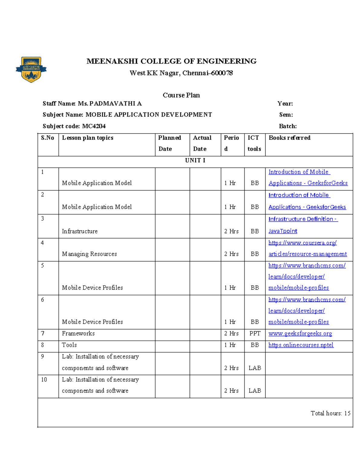 Lesson plan mad - syllabus - MEENAKSHI COLLEGE OF ENGINEERING West KK Nagar, Chennai– Course ...