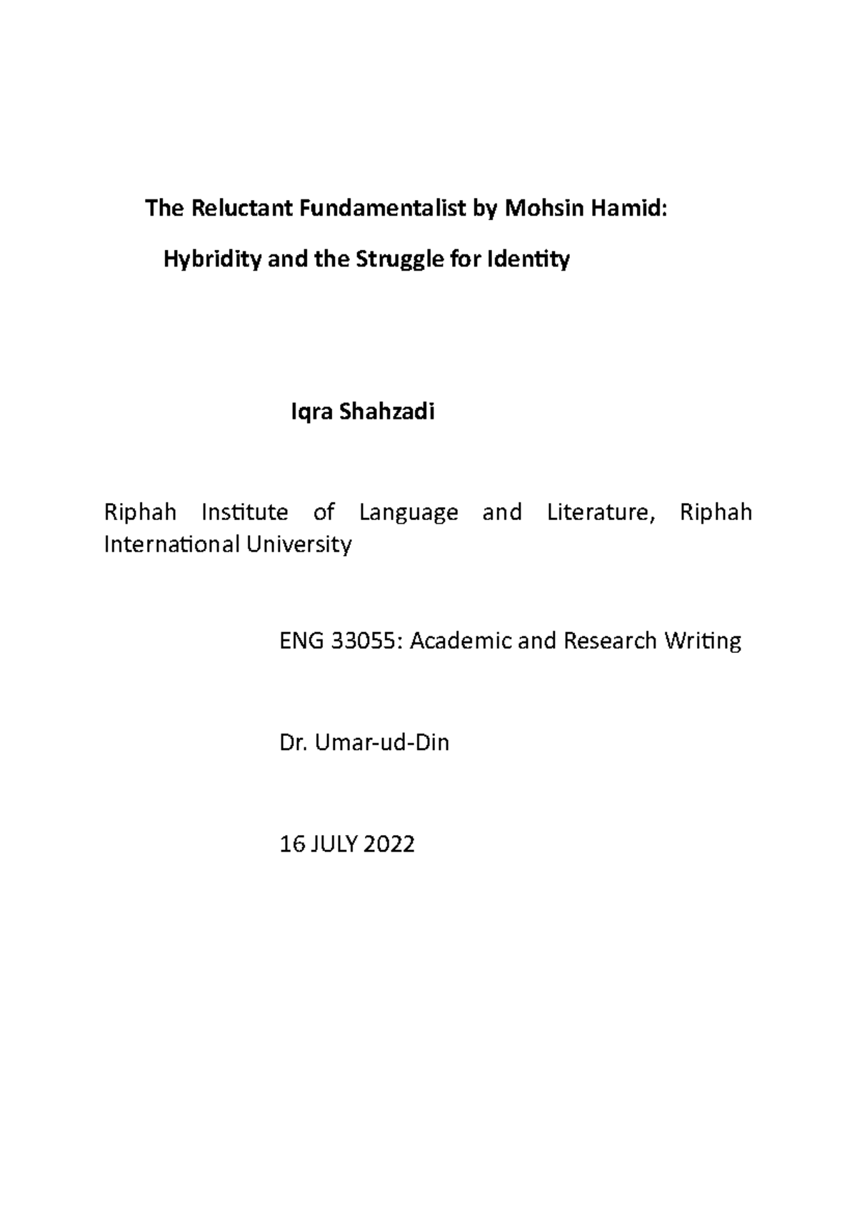 The Reluctant Fundamentalist by Mohsin Hamid 1 - The Reluctant ...