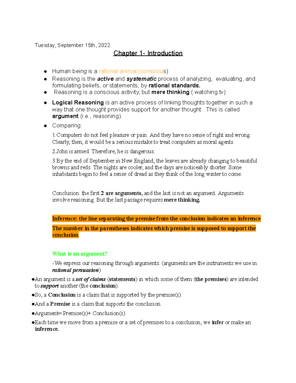 PHI 1101- Chapter 2- Lecture 2 - Tuesday, September 15th, 2022 Chapter 1- Introduction Human ...