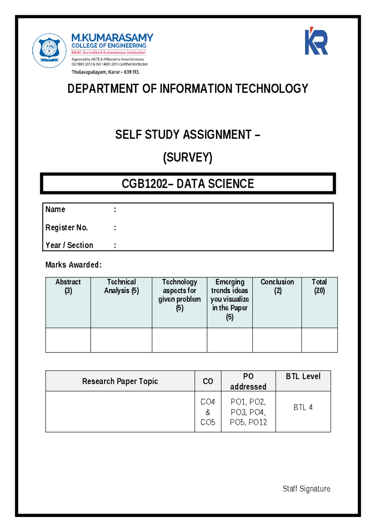 CIA 2 - SSA-2 front page - Good - DEPARTMENT OF INFORMATION TECHNOLOGY SELF STUDY ASSIGNMENT ...