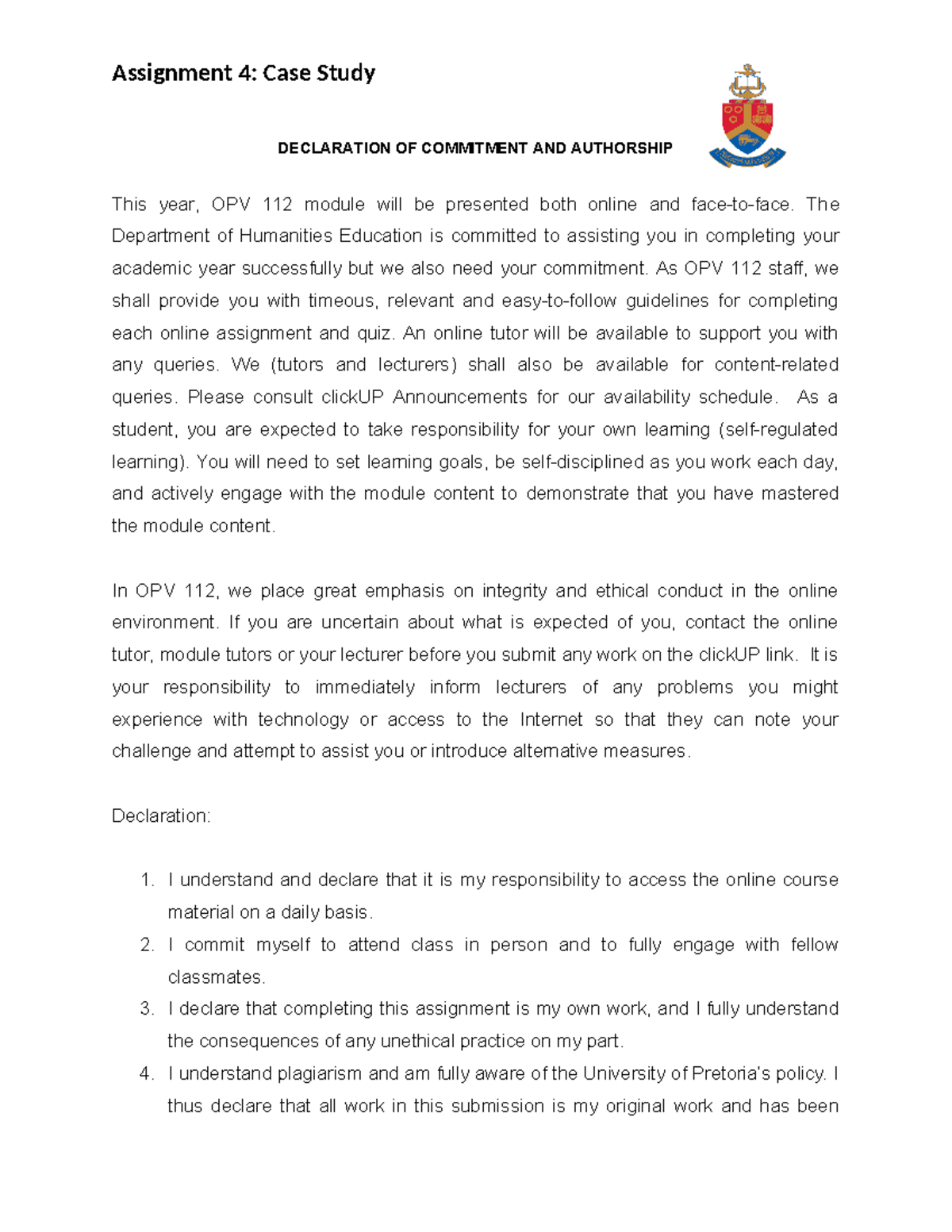 Assignment 4 - Case Study - DECLARATION OF COMMITMENT AND AUTHORSHIP ...
