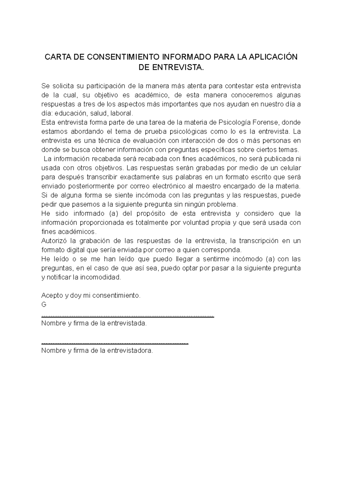 Carta de Consentimiento Informado. Psicología Forense - CARTA DE ...