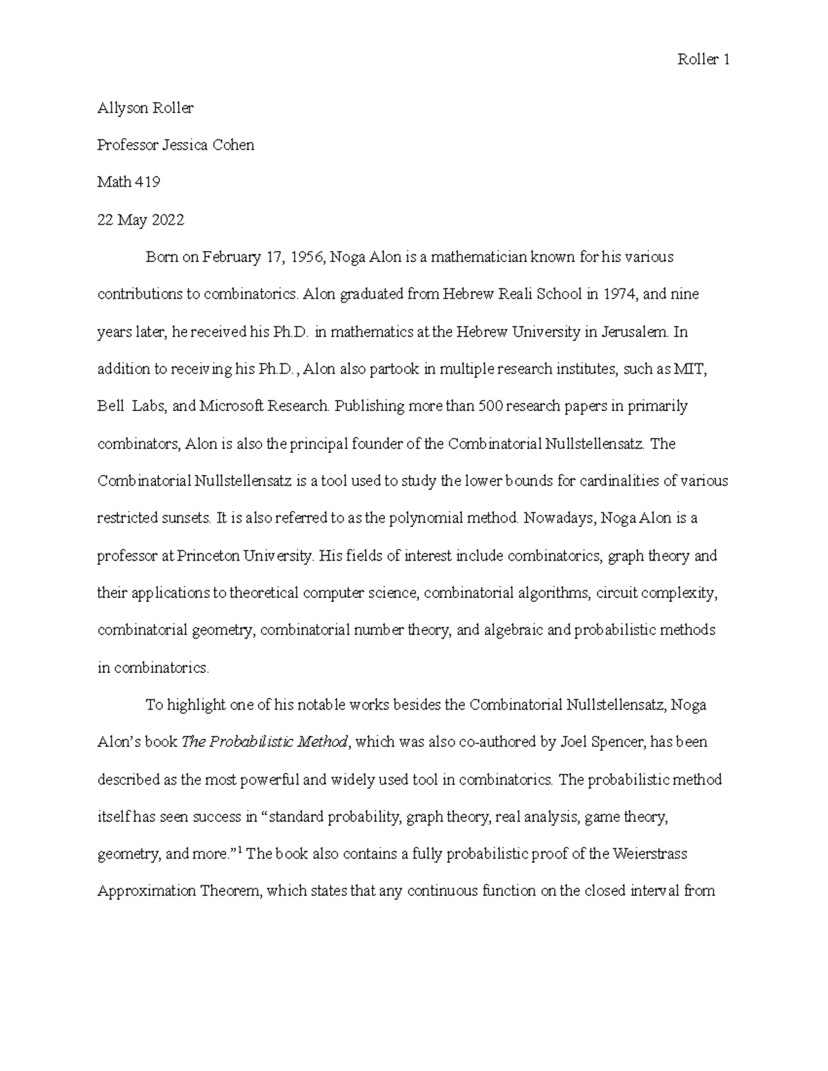 Noga Alon Biography - Roller 1 Allyson Roller Professor Jessica Cohen ...