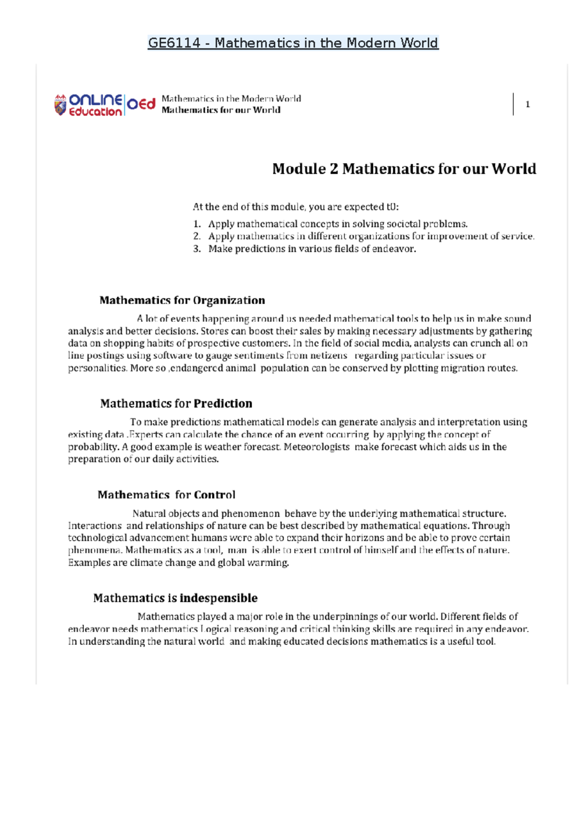 GE6114 - Mathematics in the Modern World - BSBA INFORMATION SYSTEM ...