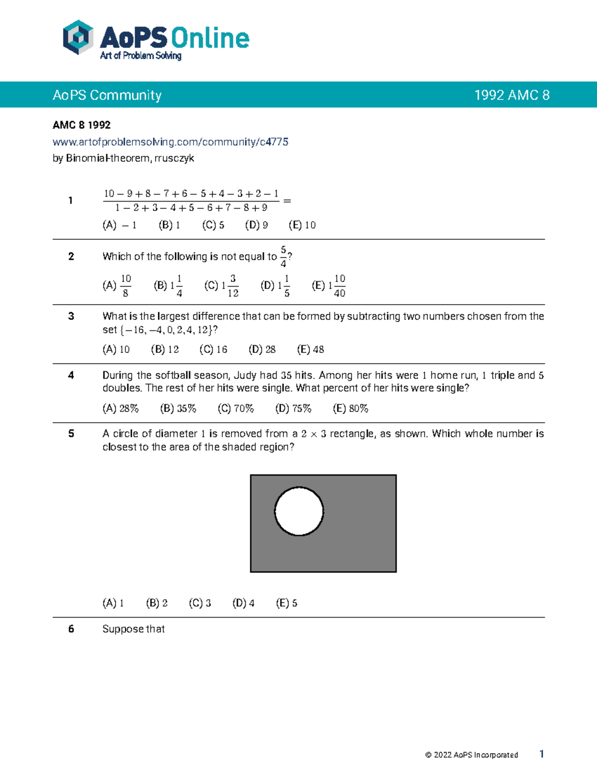 1992 - notes for mathematics - AMC 8 1992 artofproblemsolving/community ...