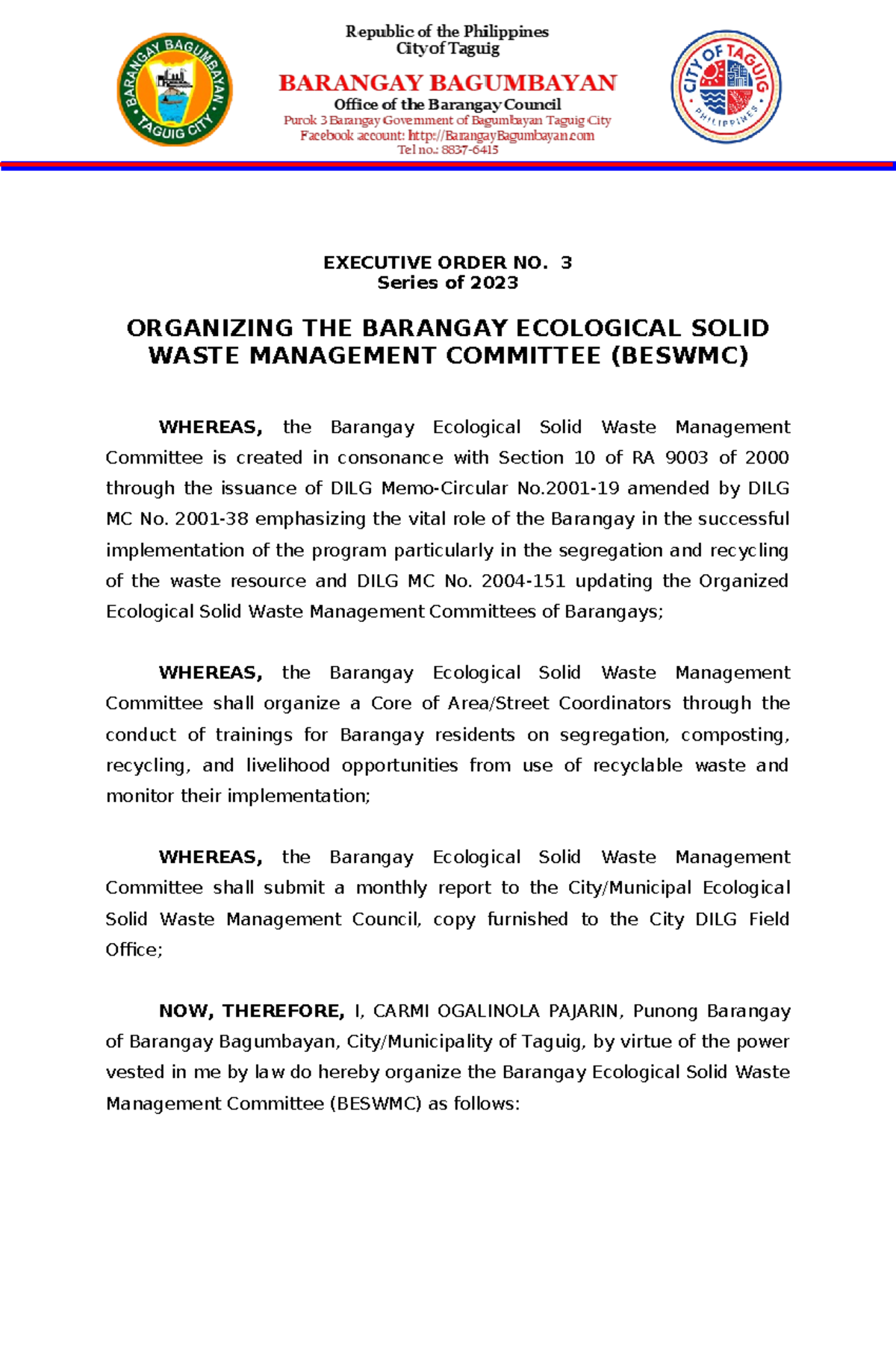 Excutive Order NO 3 2023 Solidwaste - EXECUTIVE ORDER NO. 3 Series of ...