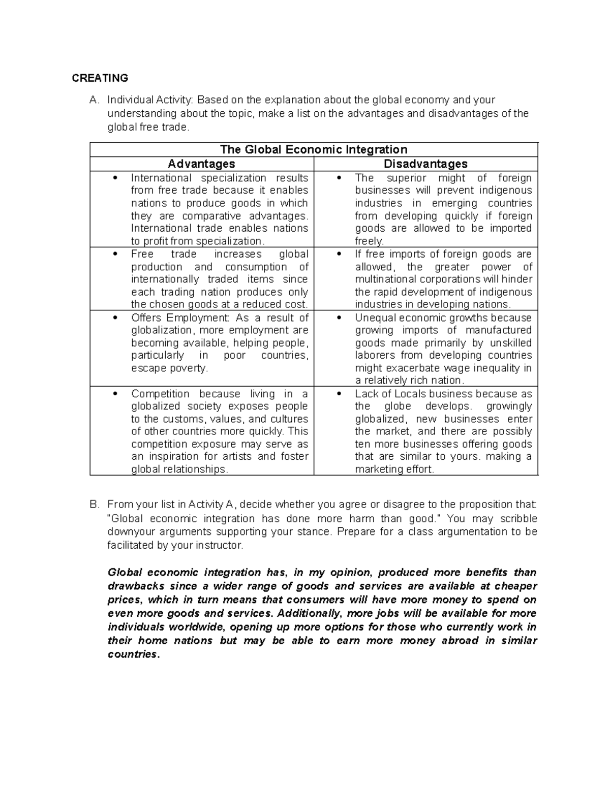 Assignment # 2 Global Economy 111 - CREATING A. Individual Activity: Based on the explanation ...