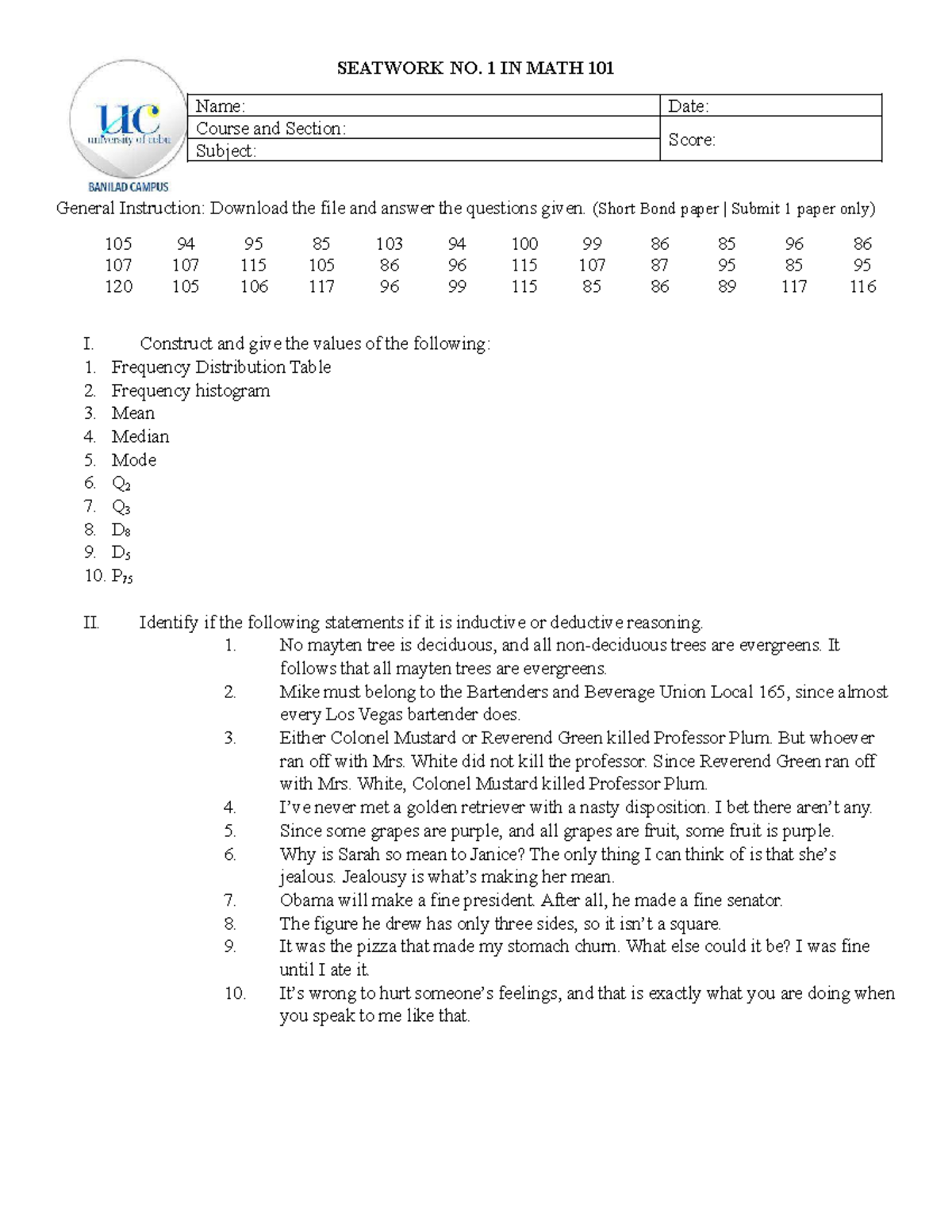 Seatwork No. 1 Midterm - SEATWORK NO. 1 IN MATH 101 General Instruction ...